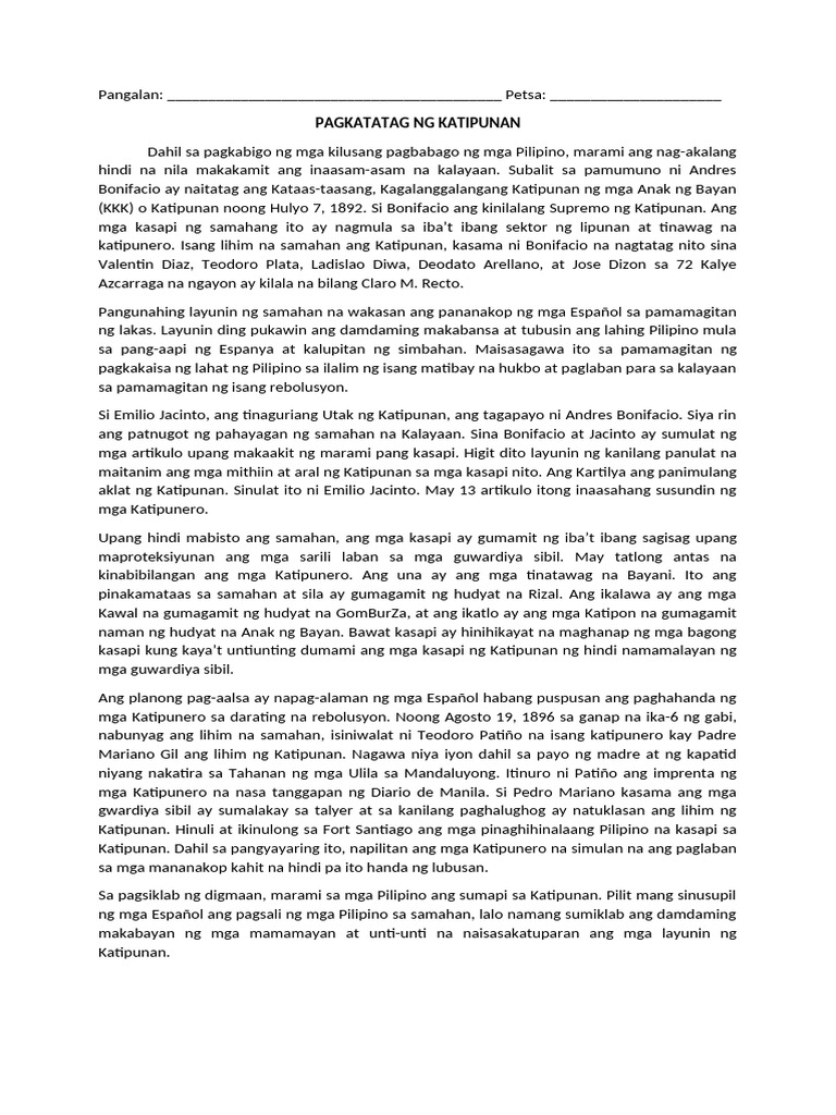 Katipunan Worksheet | PDF | Wars Of Independence | History