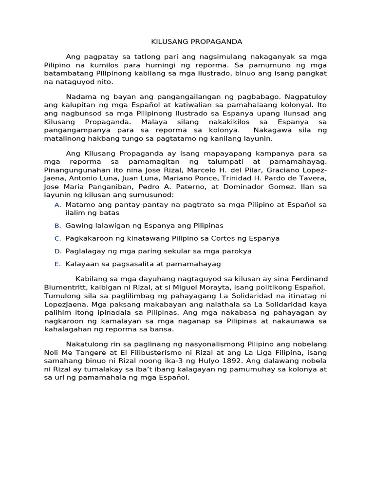 KILUSANG PROPAGANDA Worksheet | PDF | History | Social Science