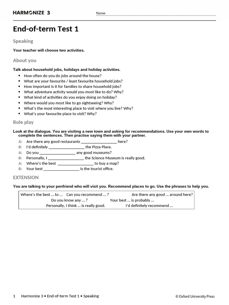 Harmonize - 3 - End-Of-Term Test 1 - Speaking | PDF