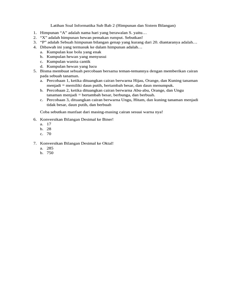Latihan soal Informatika Himpunan dan Sistem Bilangan kls 8 | PDF