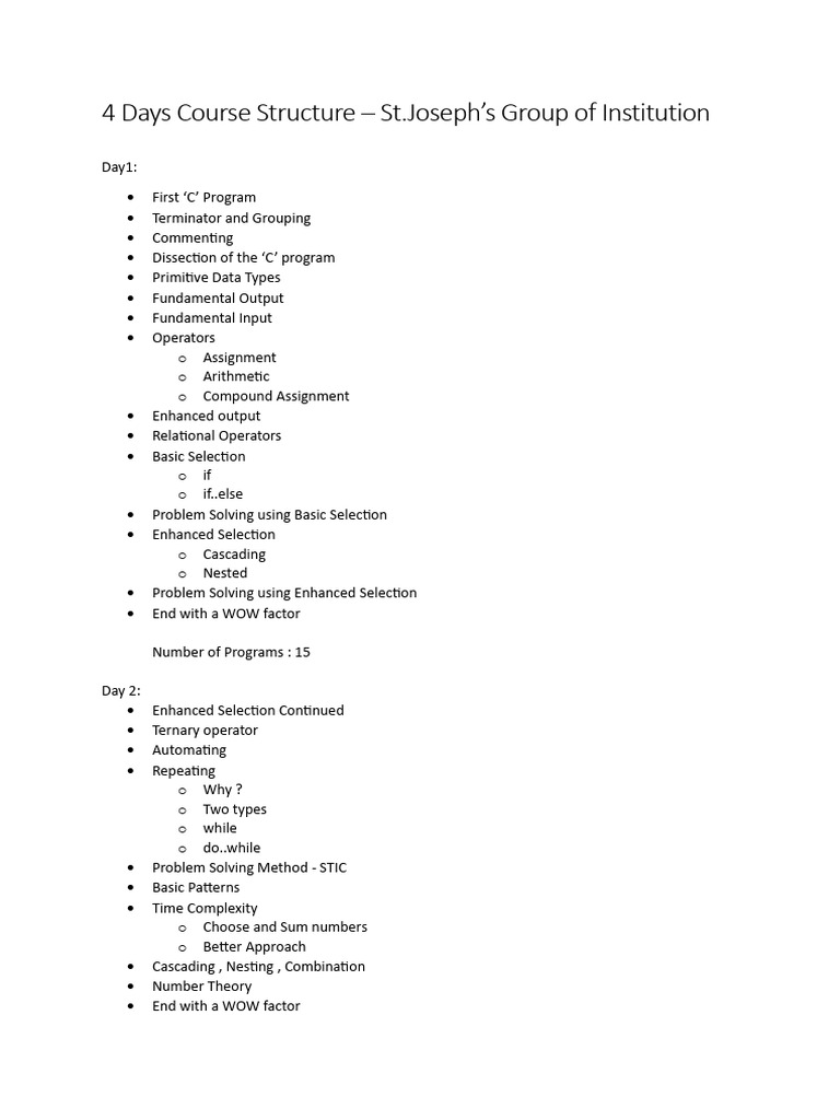 Basic C Programming Training 4 Days Course Structure Pdf 