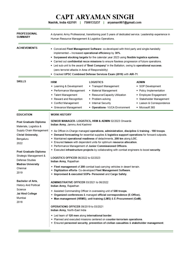 Capt Aryaman Singh Resume | PDF