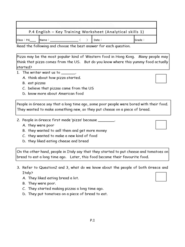 P.4 English Key Training Worksheet | PDF | Koala | Pizza