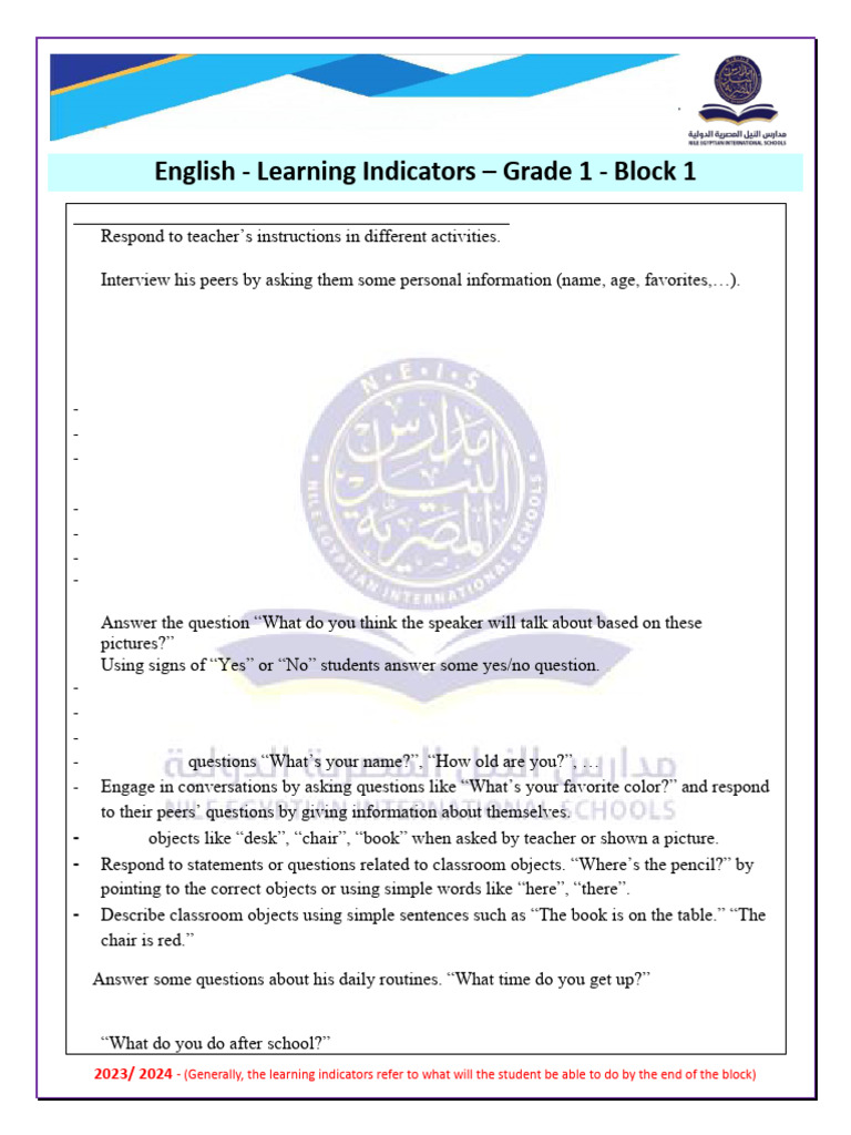 English - Indicators - Grade1 - Block 1 (For Parents) | PDF