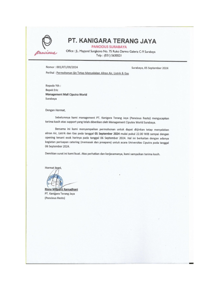 Surat Permohonan Ijin Tetap Menyalakan Aliran Air, Listrik & Gas Tenant ...