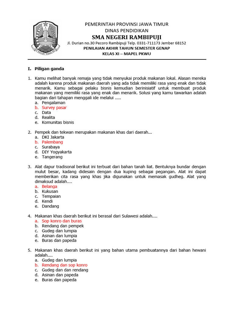 Soal Pat Pkwu KLS Xi - Kunci Jawaban | PDF | Cuisine | Business