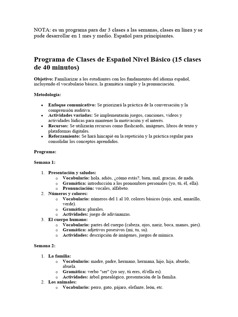 PROGRAMA DE CLASES DE ESPAÑOL | PDF