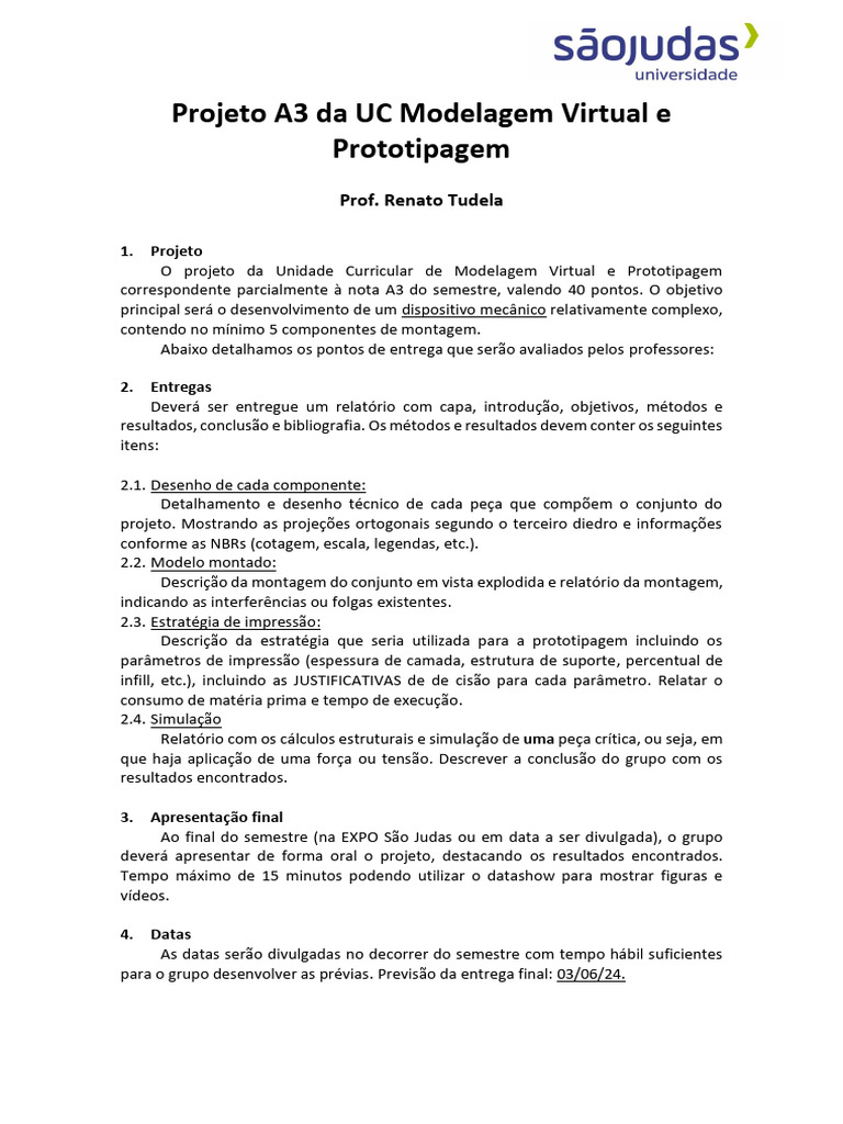 Edital - Projeto A3 - Modelagem Virtual e Prototipagem | PDF