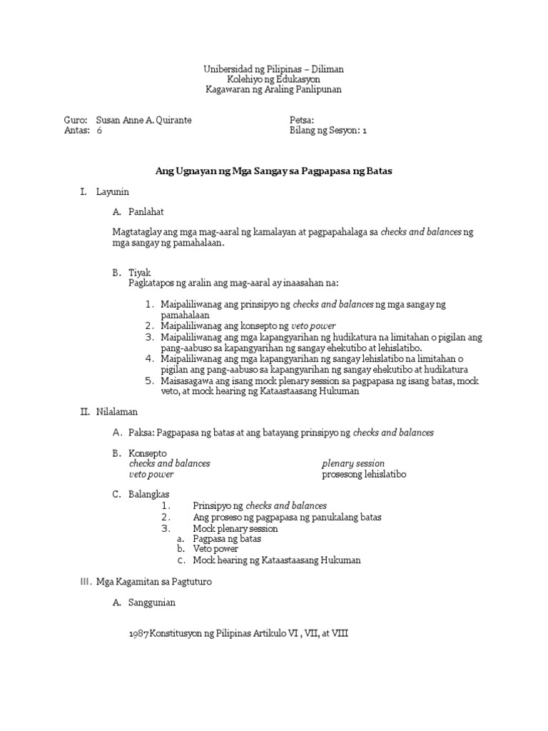 Pagpasa NG Panukalang Batas Lesson Plan | PDF