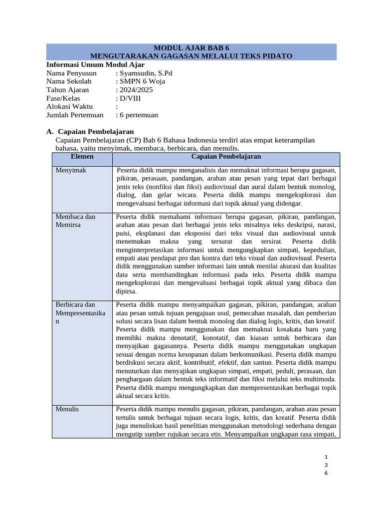 7.6 Modul Ajar Bab 6 - Bahasa Indonesia SMP Kelas VIII | PDF