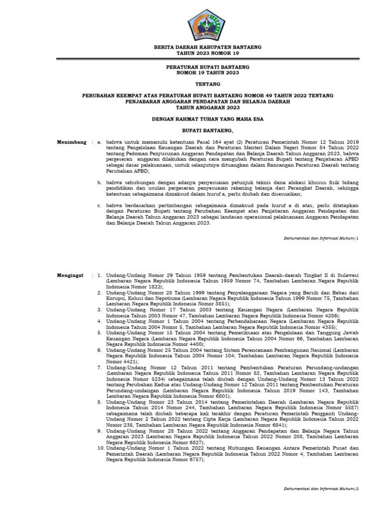 Perbup No. 19 Tahun 2023 Perubahan Keempat Atas Peraturan Bupati Bantaeng Nomor 49 Tahun 2022 ...