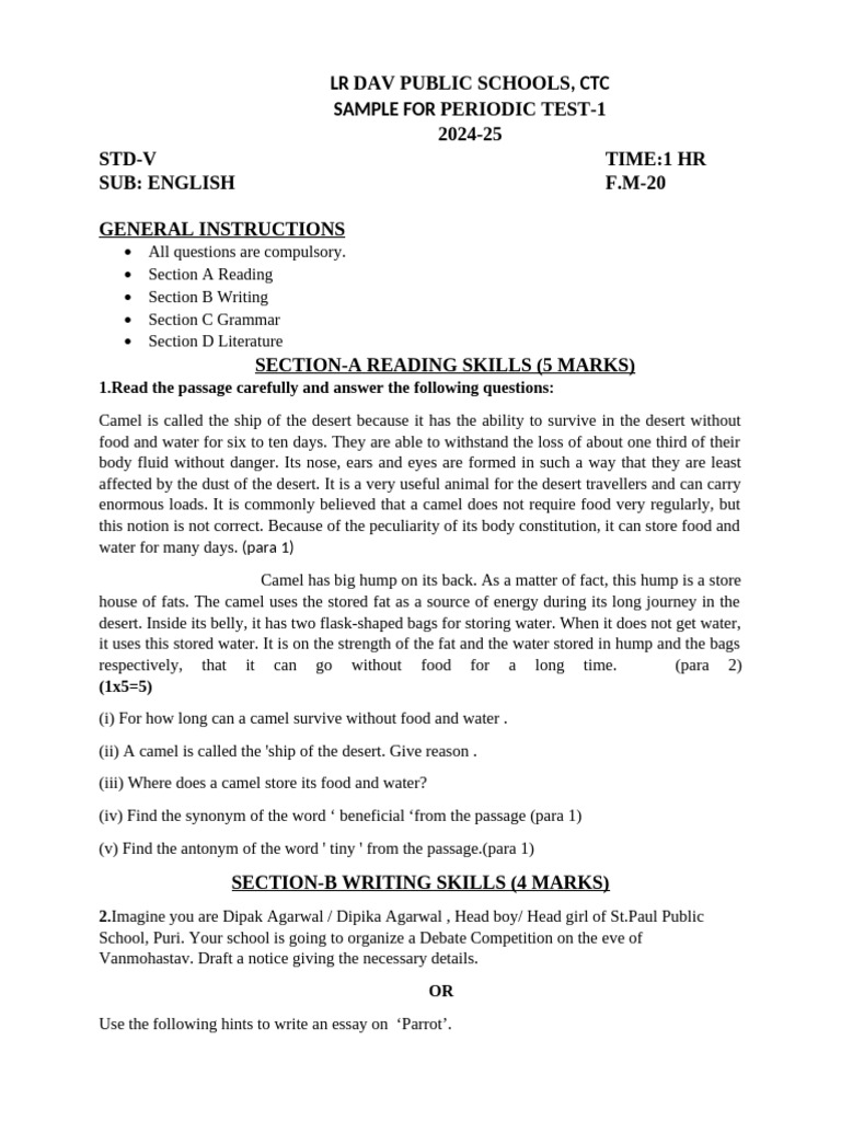 Sample STD 5 English PT - 1 | PDF