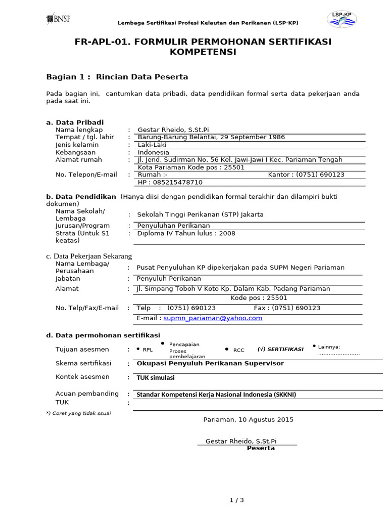 Fr-Apl-01 Formulir Permohonan Sertifikasi (Supervisor) | PDF