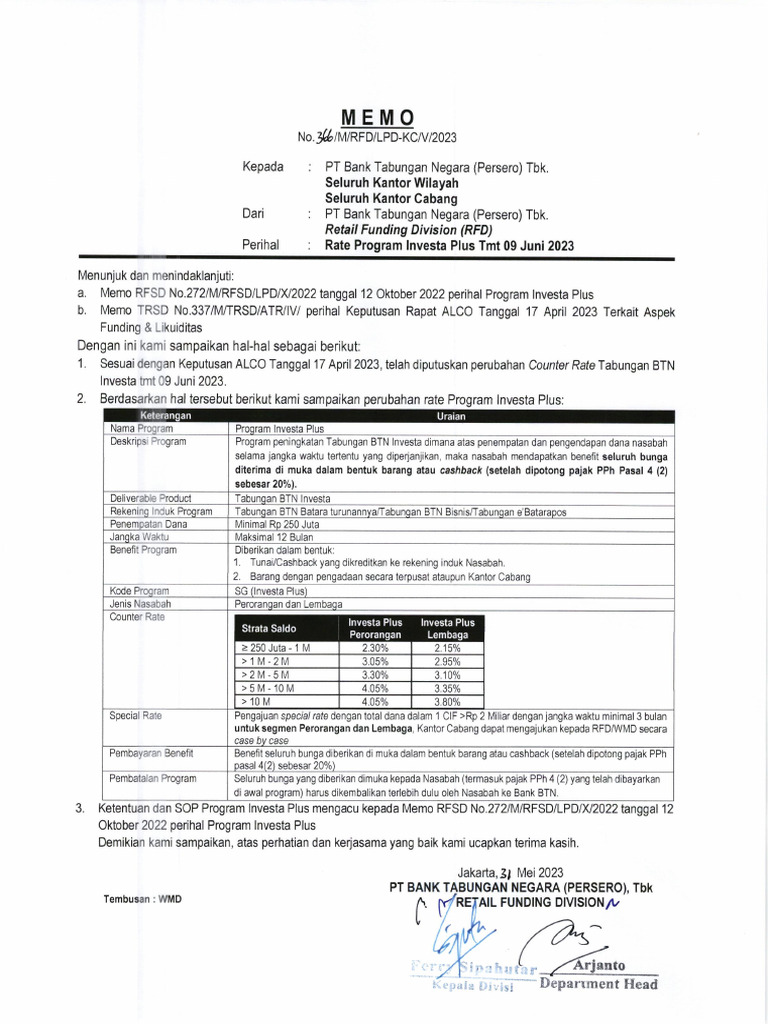 366-M-RFD-LPD-KC-V-2023 Rate Program Investa Plus TMT 09 Juni 2023 | PDF