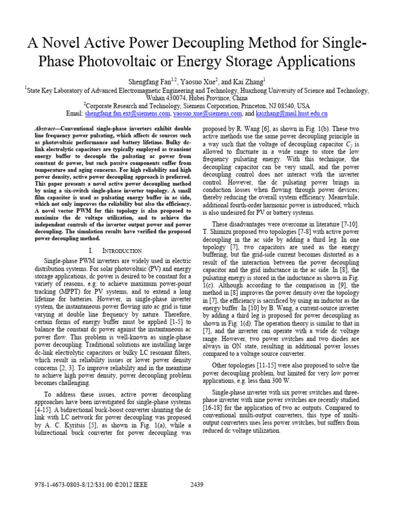 A Novel Active Power Decoupling Method For Single Phase Photovoltaic Or Energy Storage