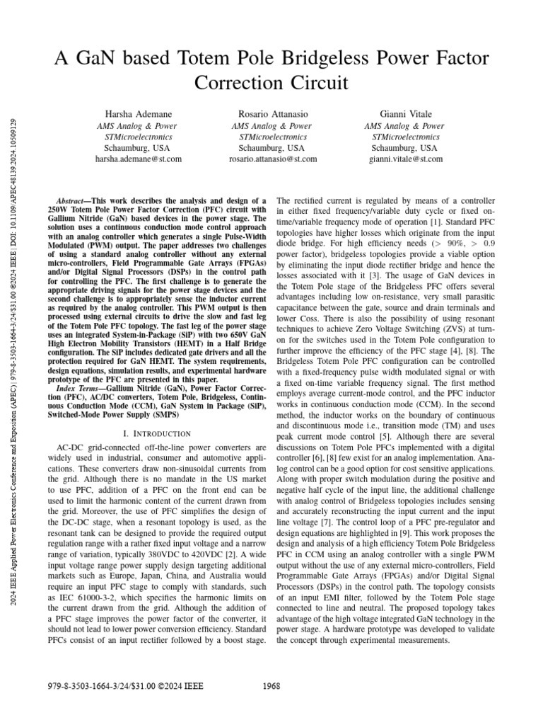 A GaN Based Totem Pole Bridgeless Power Factor Correction Circuit | PDF