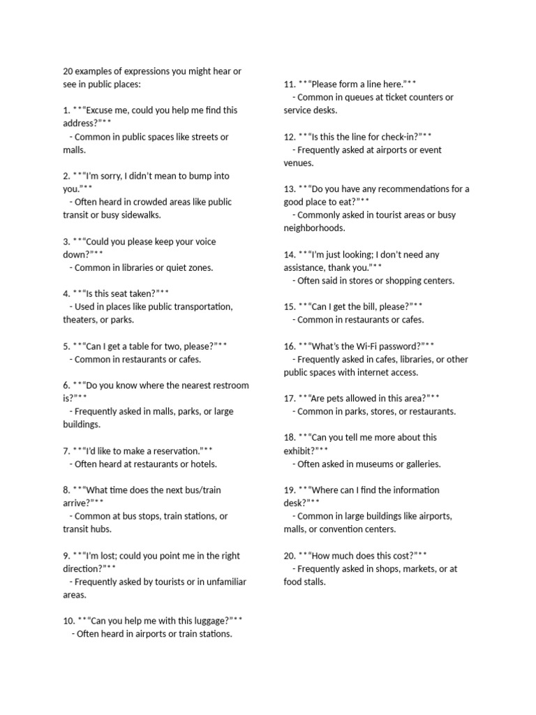 20 examples of expressions you might hear or see in public places | PDF