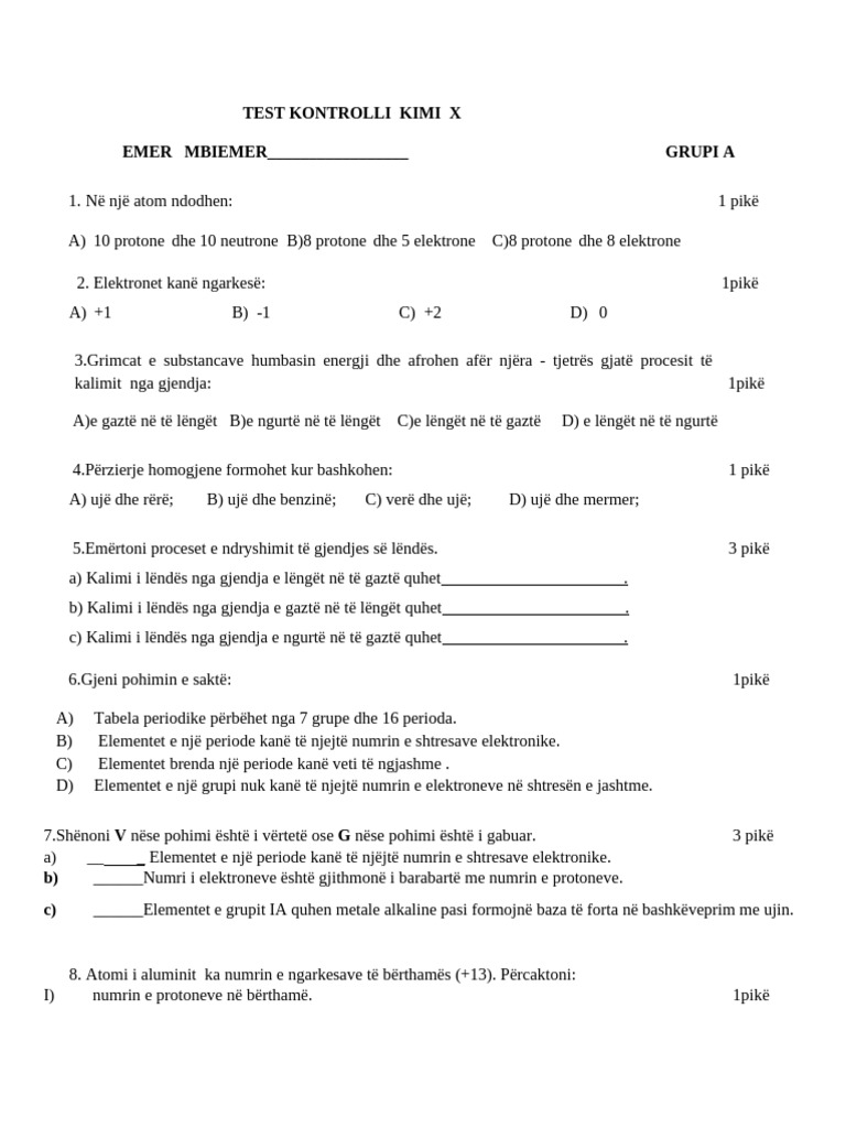 Test Kontrolli Kimi 10 Grupi A | PDF