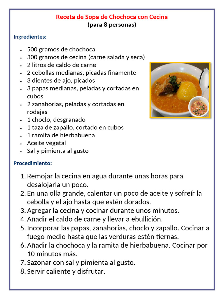 Ficha Receta de Sopa de Chochoca Con Cecina | PDF