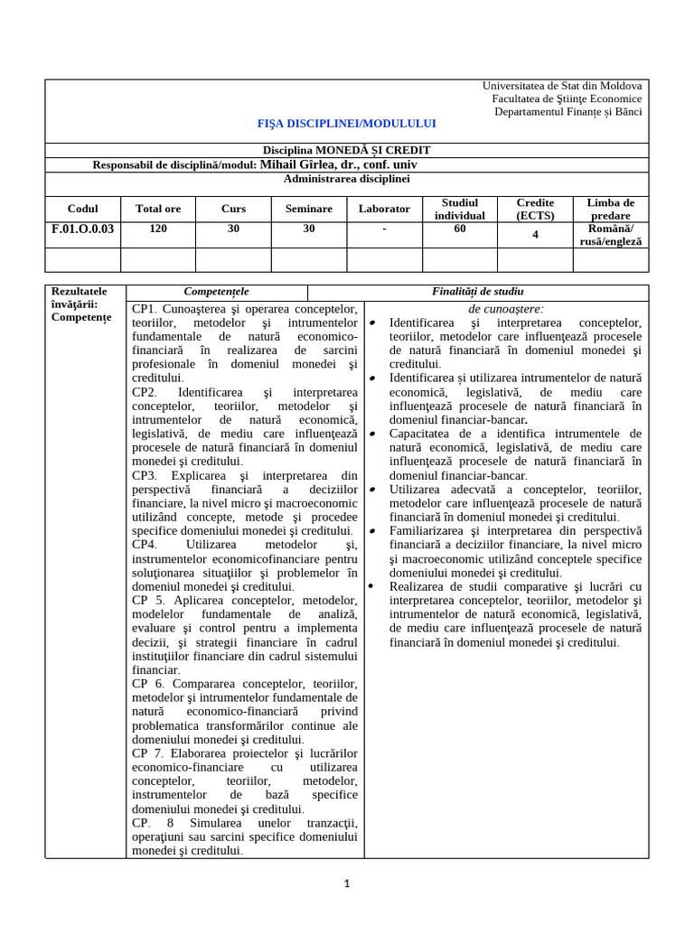 Fisa disciplinei Moneda cred 2023 | PDF