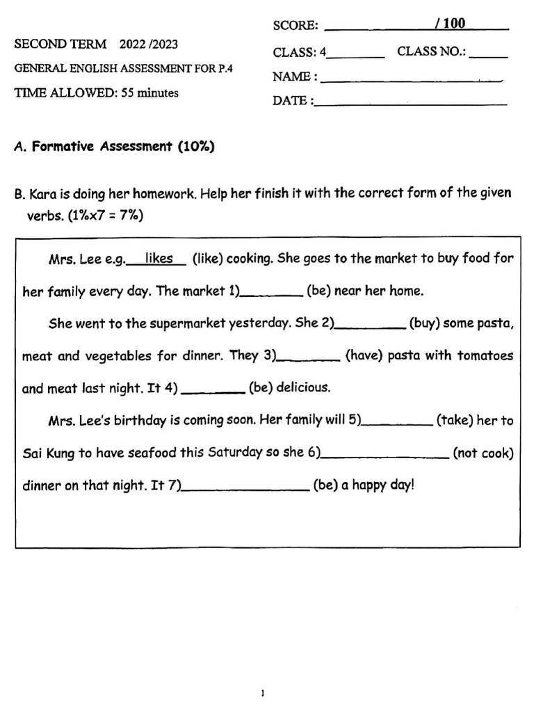 P.4 GE Assessment Second Term 22 - 23 Reading & Writing | PDF