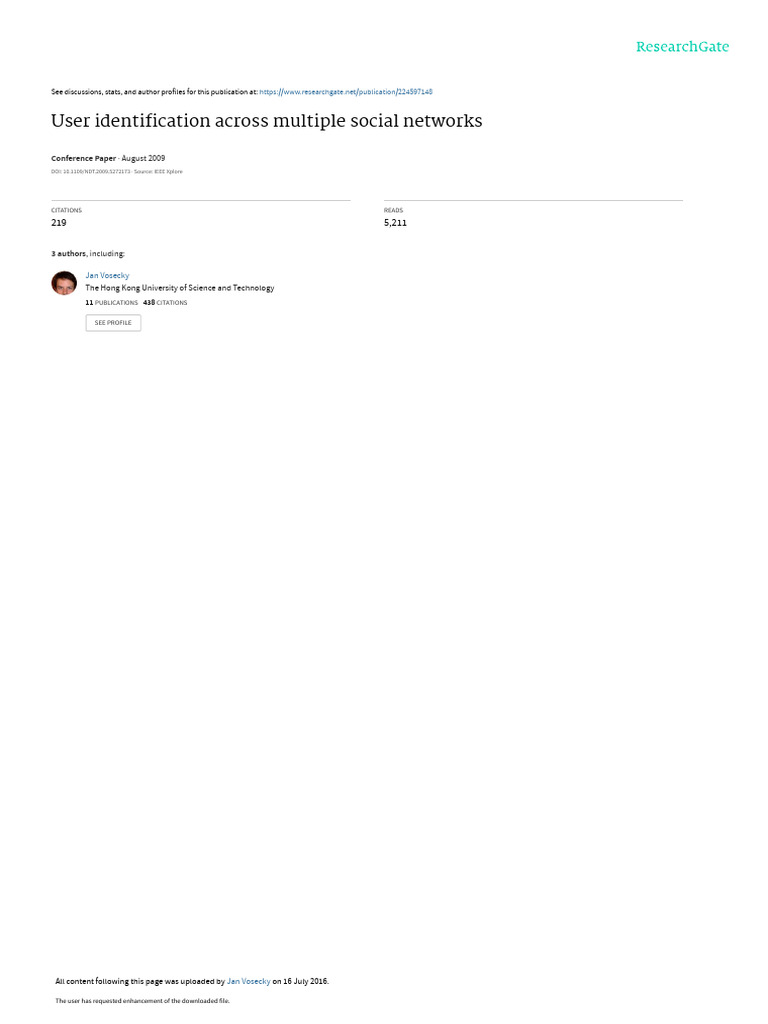 User Identification Across Multiple Social Networks | PDF