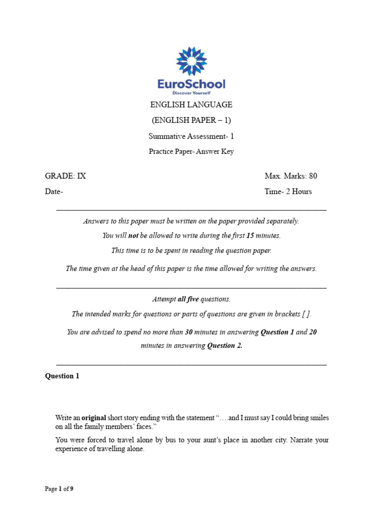 English Language - PP1 - SA1 - AK - Grade 9 - Wakad | PDF