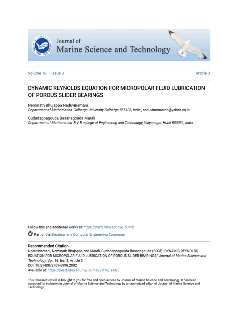 DYNAMIC REYNOLDS EQUATION FOR MICROPOLAR FLUID LUBRICATION OF POR | PDF