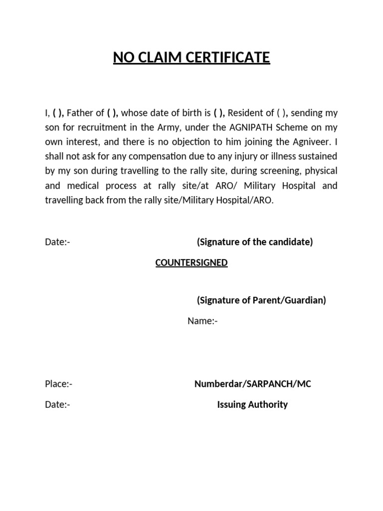 NO CLAIM CERTIFICATE Character Certificate Blank Form For Agnipath Army ...