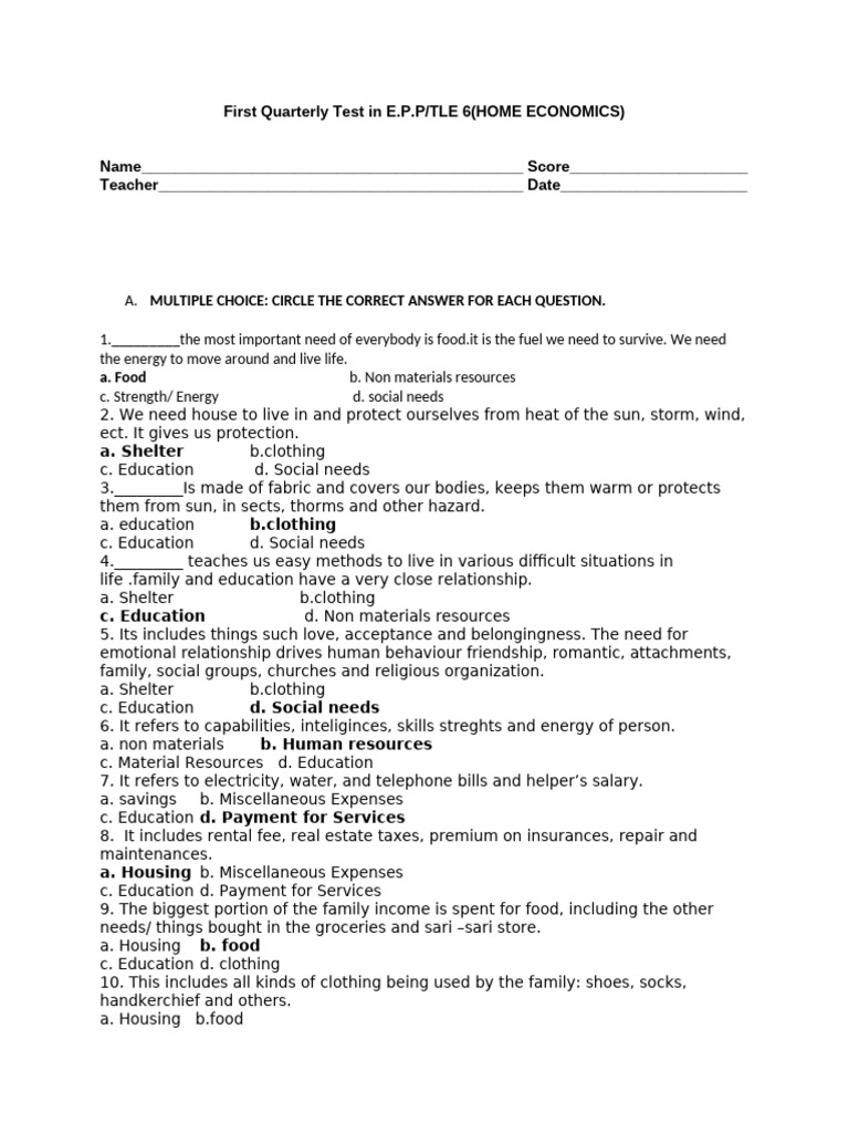 Home Economic Periodical Test- Epp | PDF