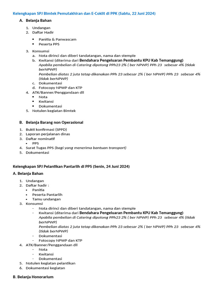 Kelengkapan SPJ Bimtek Pemutakhiran Dan E | PDF