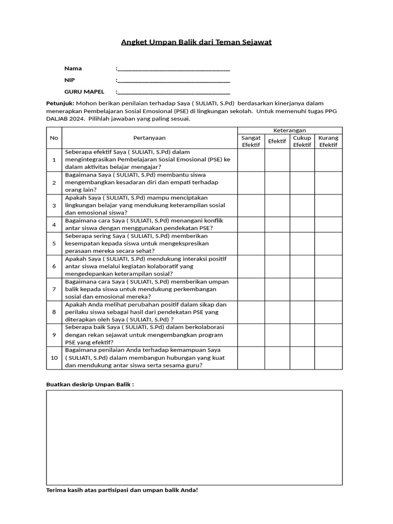 Angket Umpan Balik Dari Teman Sejawat | PDF