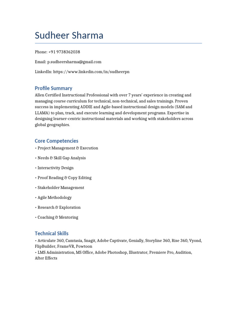 Updated Resume Sep2024 Sudheer Sharma | PDF | Instructional Design | Career & Growth