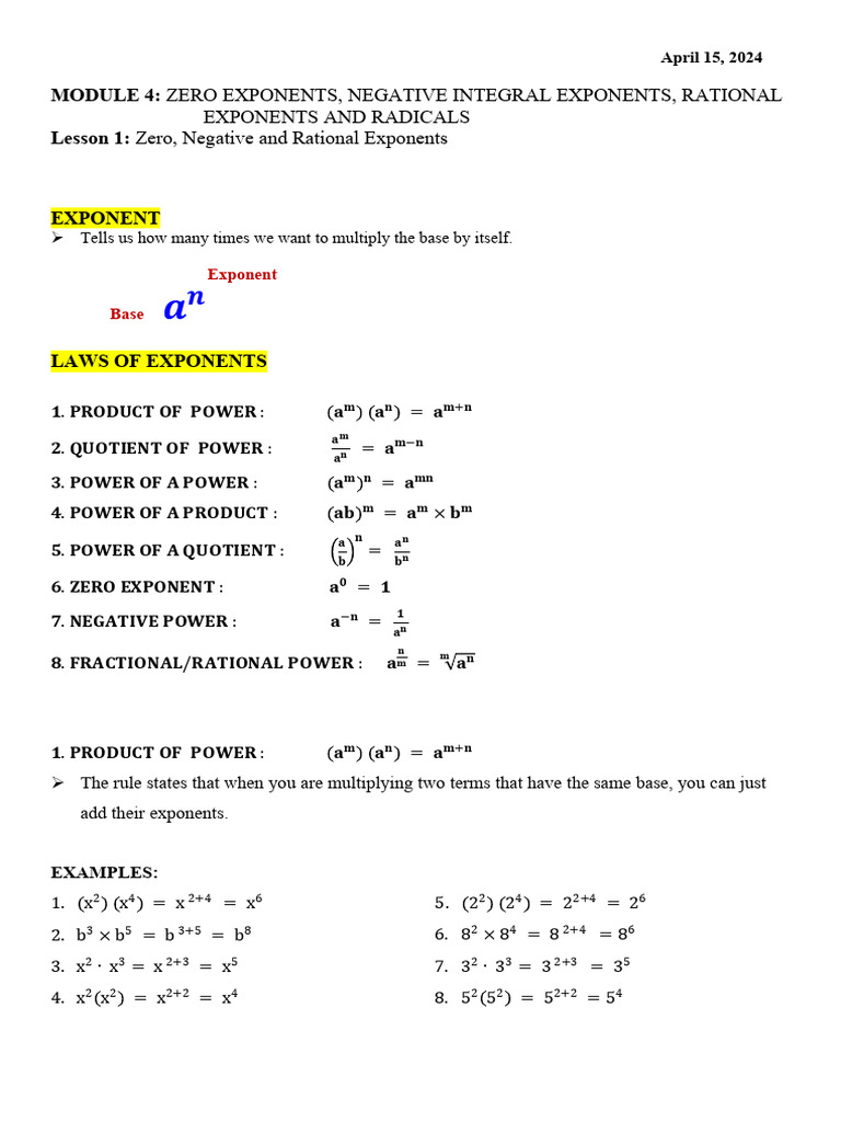 G9 MODULE Laws of Exponents | PDF
