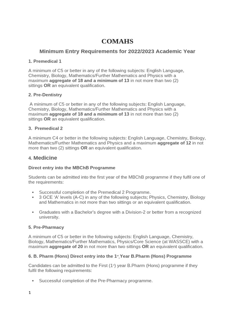 COMAHS 20222023 Entry Requirement | PDF | Diploma | Academic Degree