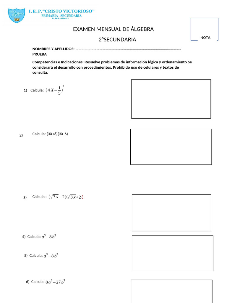 Examen Mensual 2sec Algebra III Bimestre | PDF