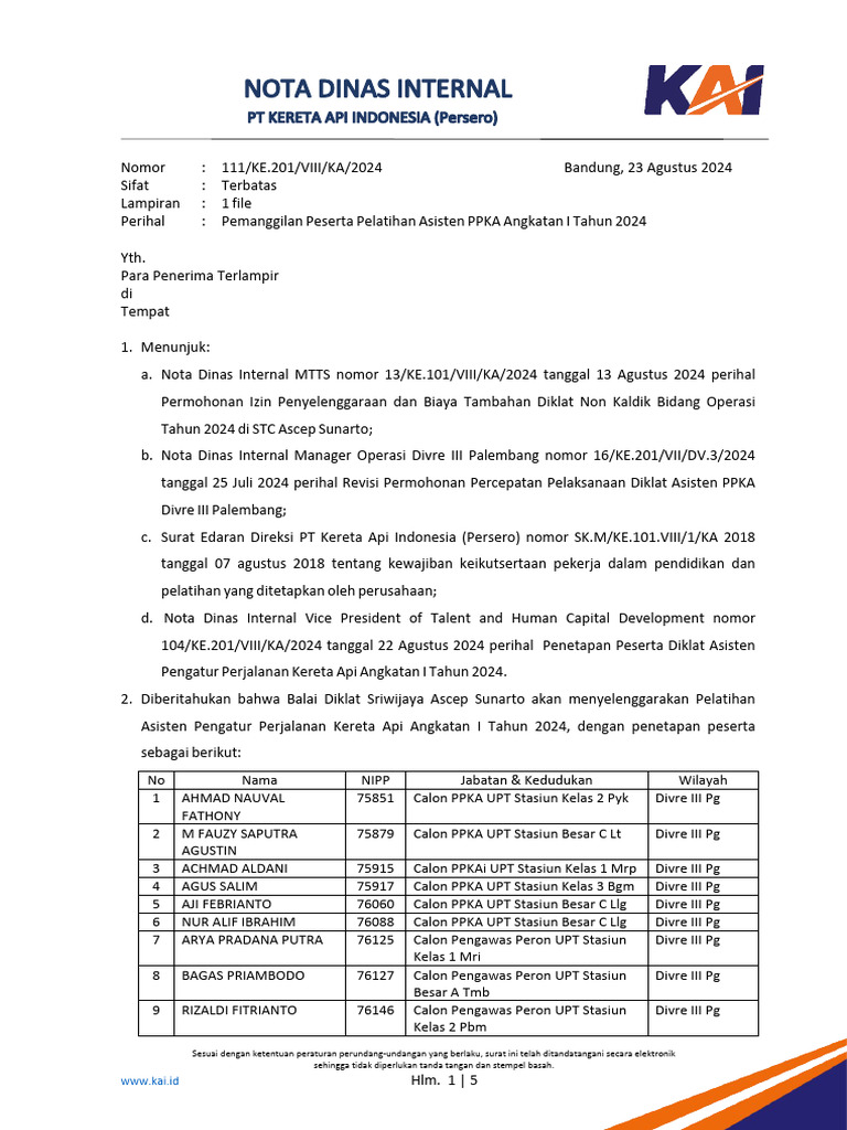 Pemanggilan Peserta Pelatihan Asisten PPKA Angkatan I Tahun 2024 (111 ...