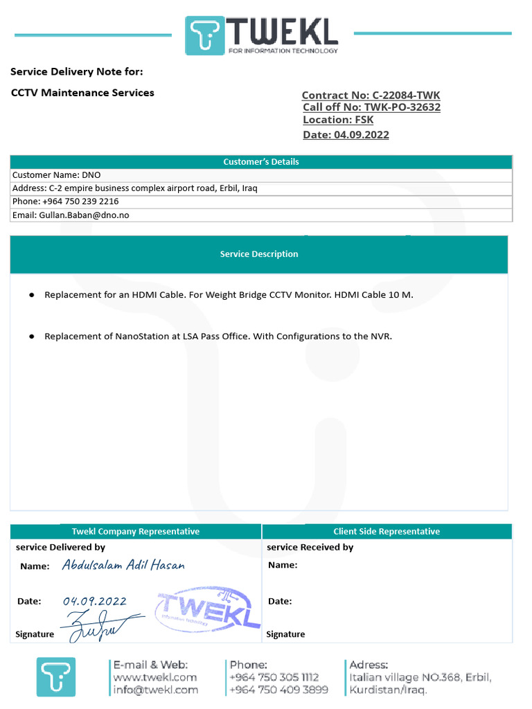 Unifiy Dish and HDMI Cable Service Delivery Note | PDF