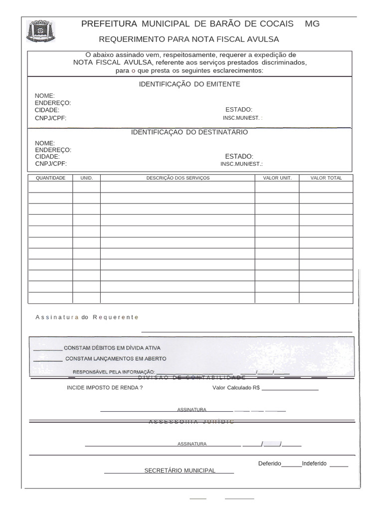 Requerimento para Nota Fiscal Avulsa | PDF