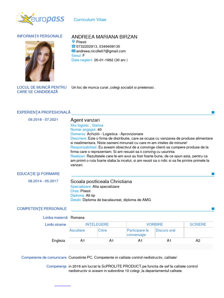 CV - Europass - PDF Andreea Birzan | PDF