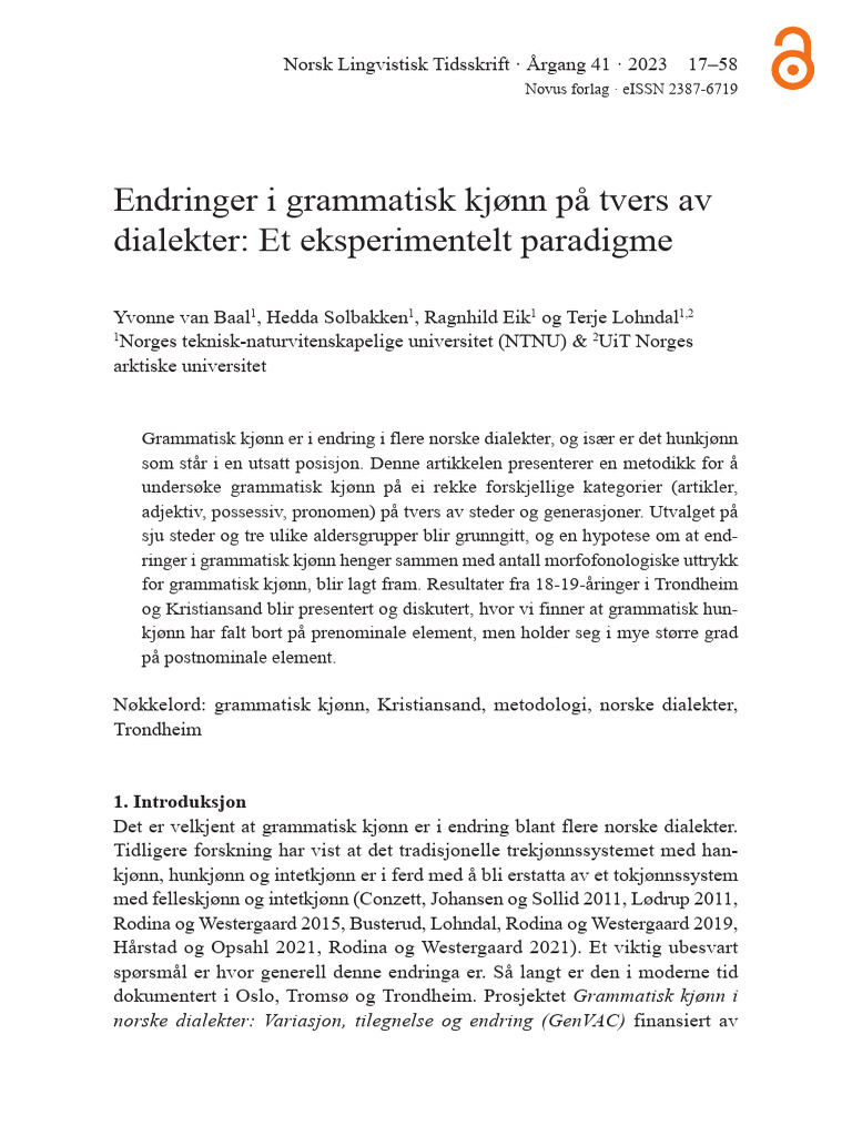 Endringer I Grammatisk Kjønn På Tvers Av Dialekter: Et Eksperimentelt Paradigme | PDF