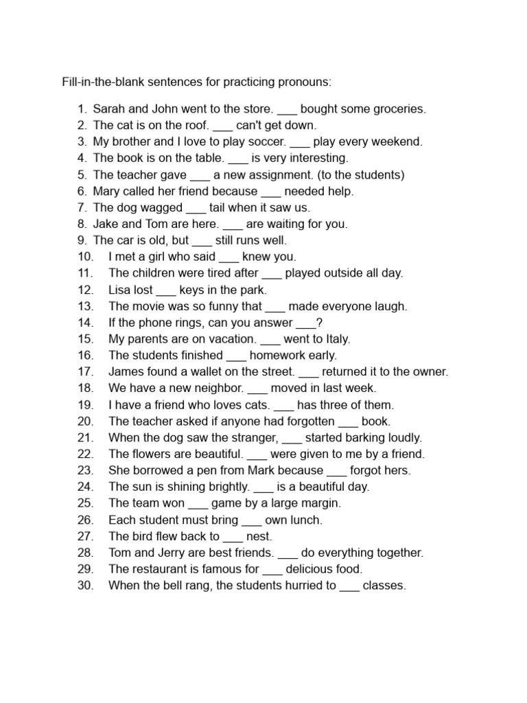 Fill-In-The-Blank Sentences For Practicing Pronouns | PDF