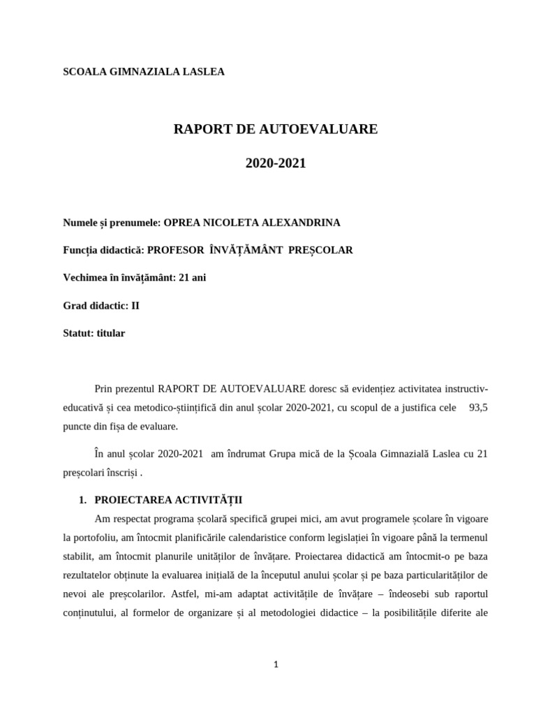 Raport de Evaluare Sfarsit de An Scolar | PDF