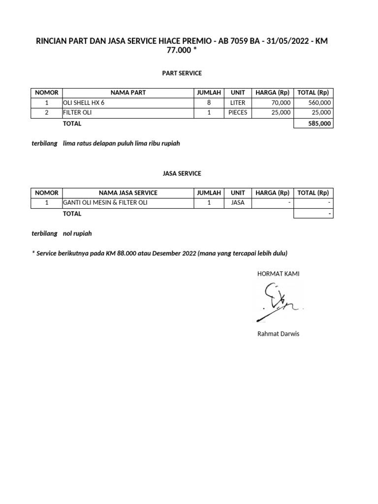 Rincian Service Armada - 2022 | PDF