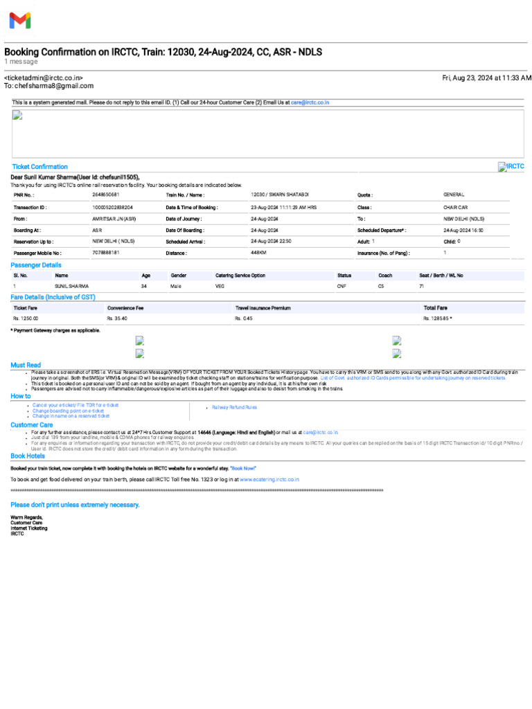 Gmail - Booking Confirmation On IRCTC, Train - 12030, 24-Aug-2024, CC, ASR - NDLS | PDF