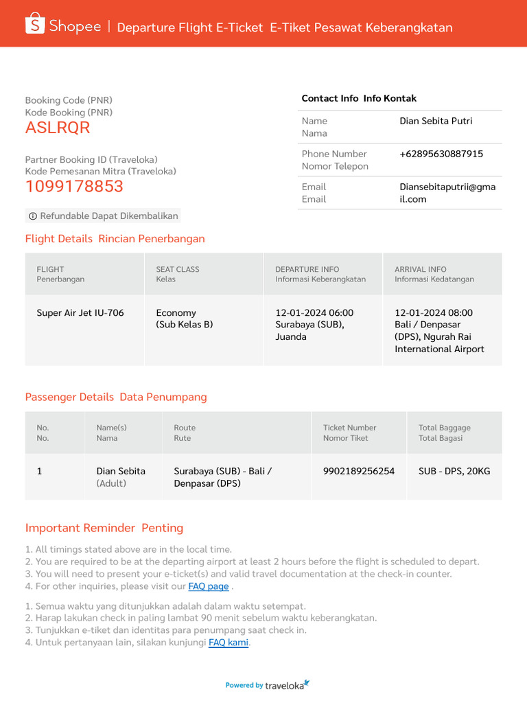 E-Tiket Pesawat Keberangkatan | PDF