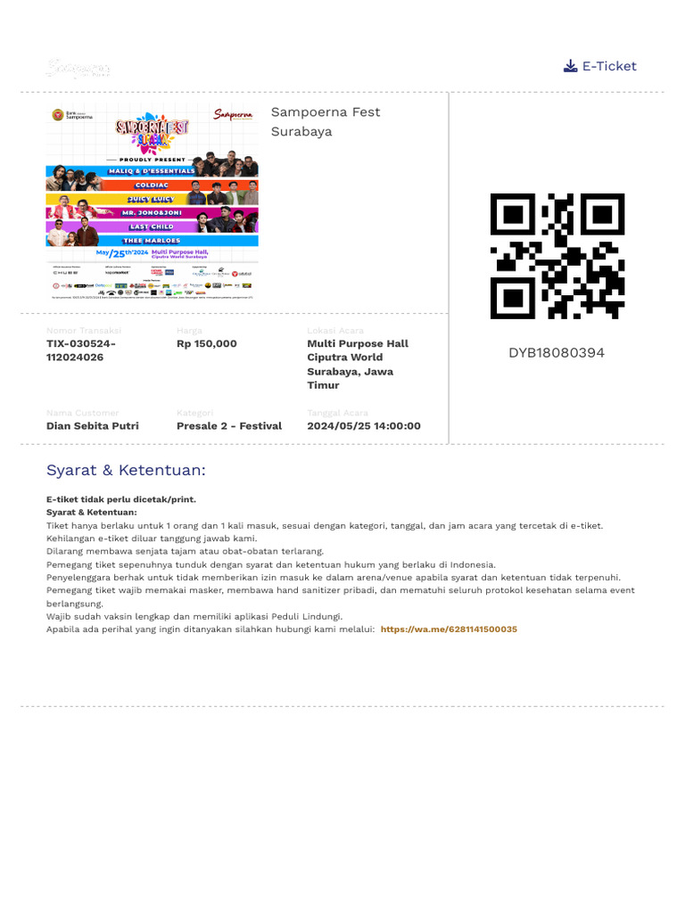 E-Ticket Sampoernafest - Com: Sampoerna Fest Surab | PDF