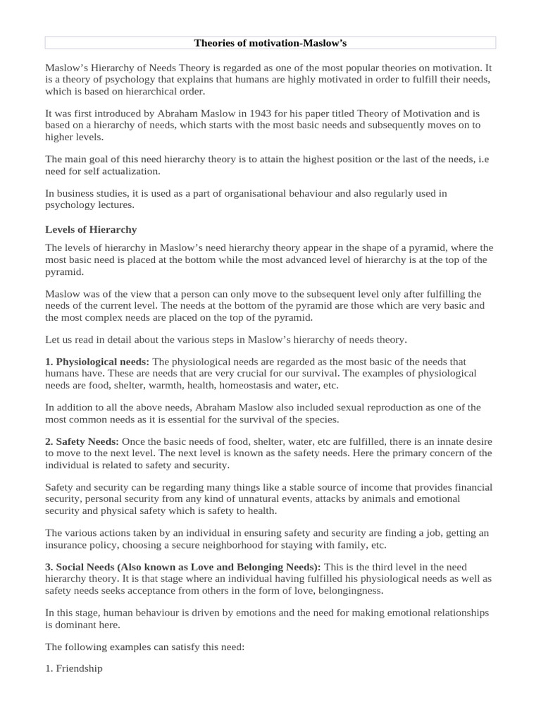 Theories of Motivation-Maslow's | PDF