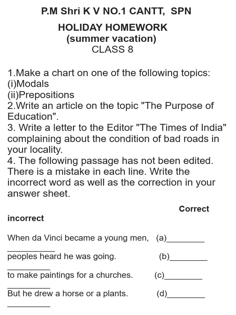 Class 8 Summer holday homework 2024-25 | PDF