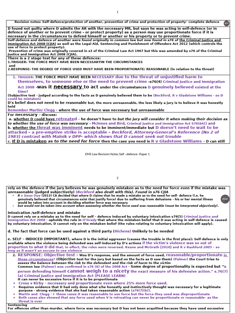 March 24 Revision Self-Defence, Defence of Another | PDF